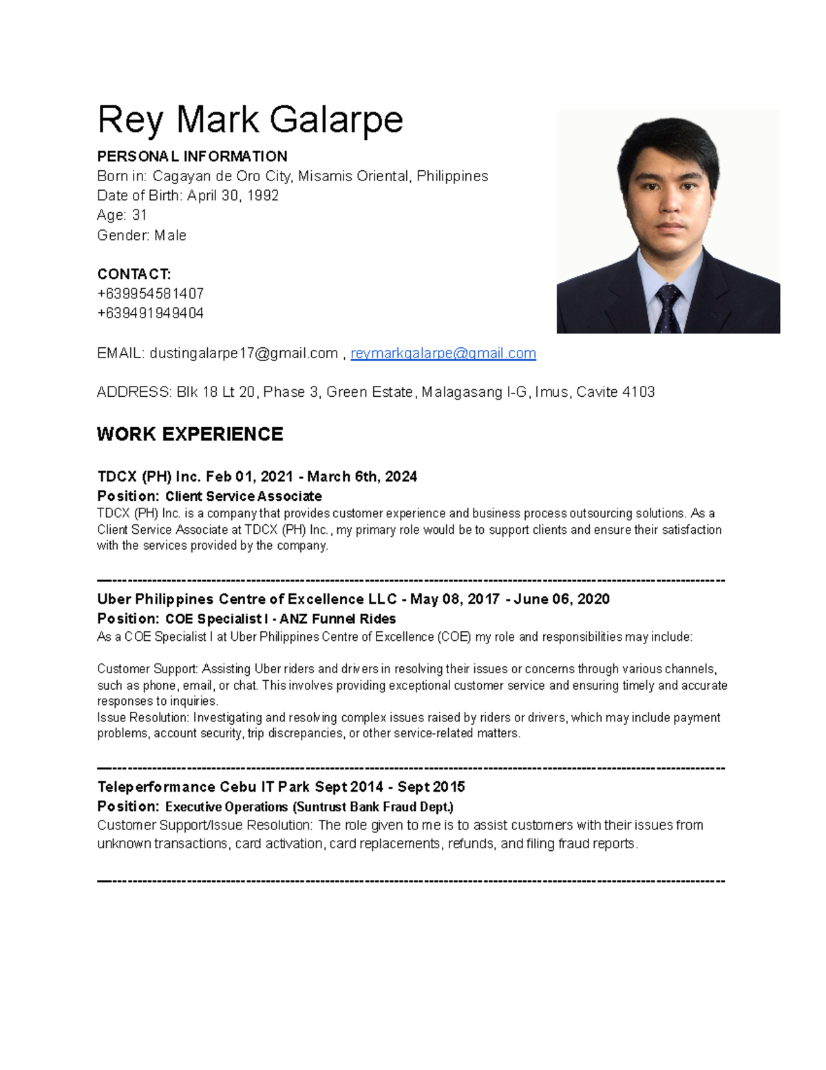 Rey Mark Galarpe CV - Rey Mark Galarpe PERSONAL INFORMATION Born in: Cagayan de Oro City ...