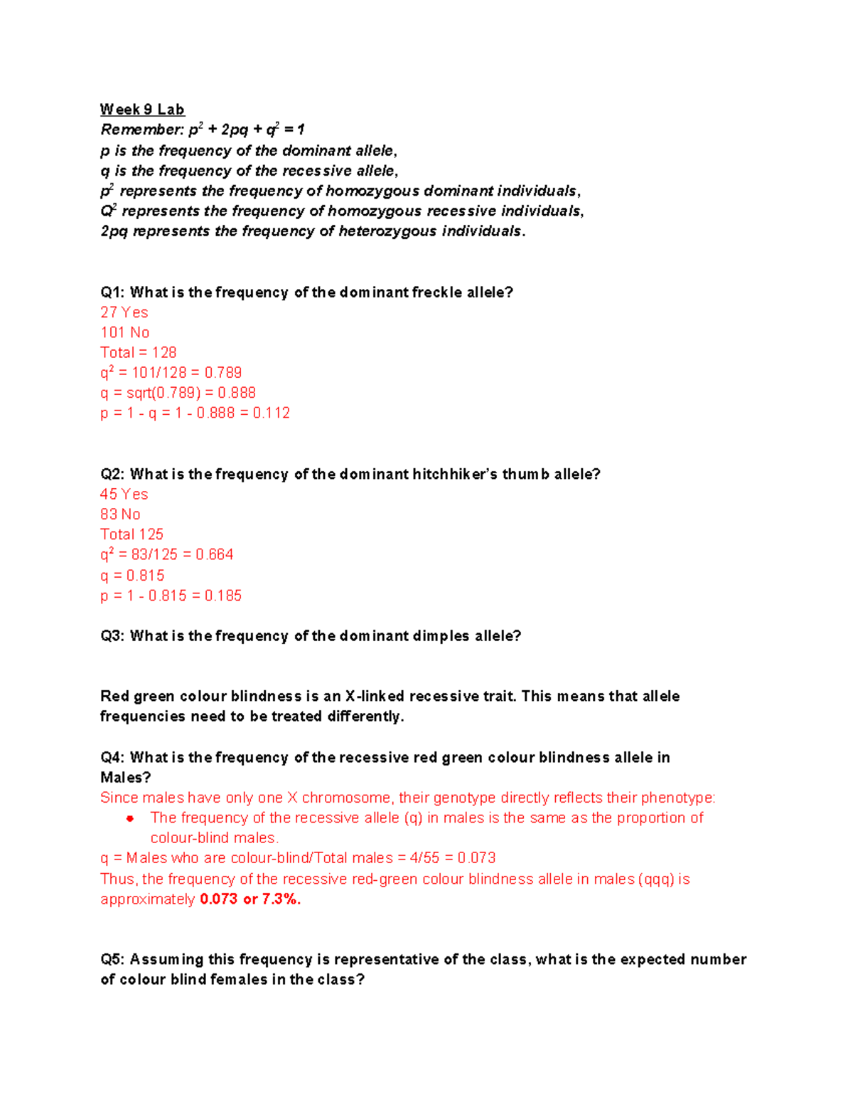 BABS2204 Week 9 Allele Frequency Answers - Week 9 Lab Remember: p 2 + 2pq + q 2 = 1 p is the ...
