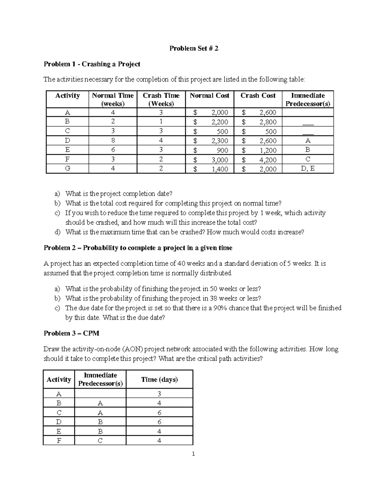 Problem set #2 (with solutions) - Problem Set # 2 Problem 1 - Crashing a Project The activities ...