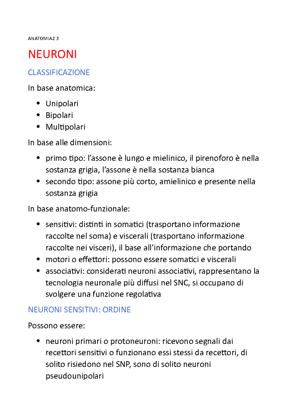 Anatomia 2 3 lezione - SNC - ANATOMIA2 3 NEURONI CLASSIFICAZIONE In ...