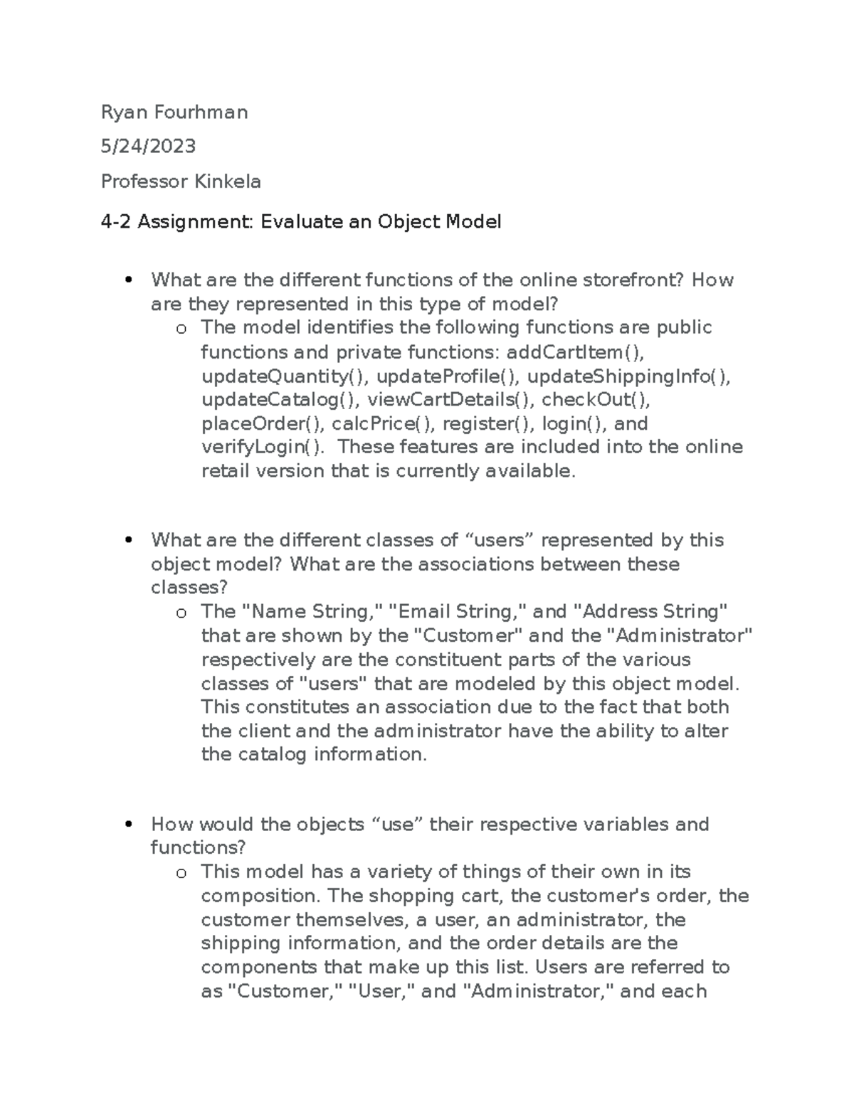 4 2 Assignment Evaluate An Object Model Ryan Fourhman 5 24 Professor Kinkela 4 2 Assignment
