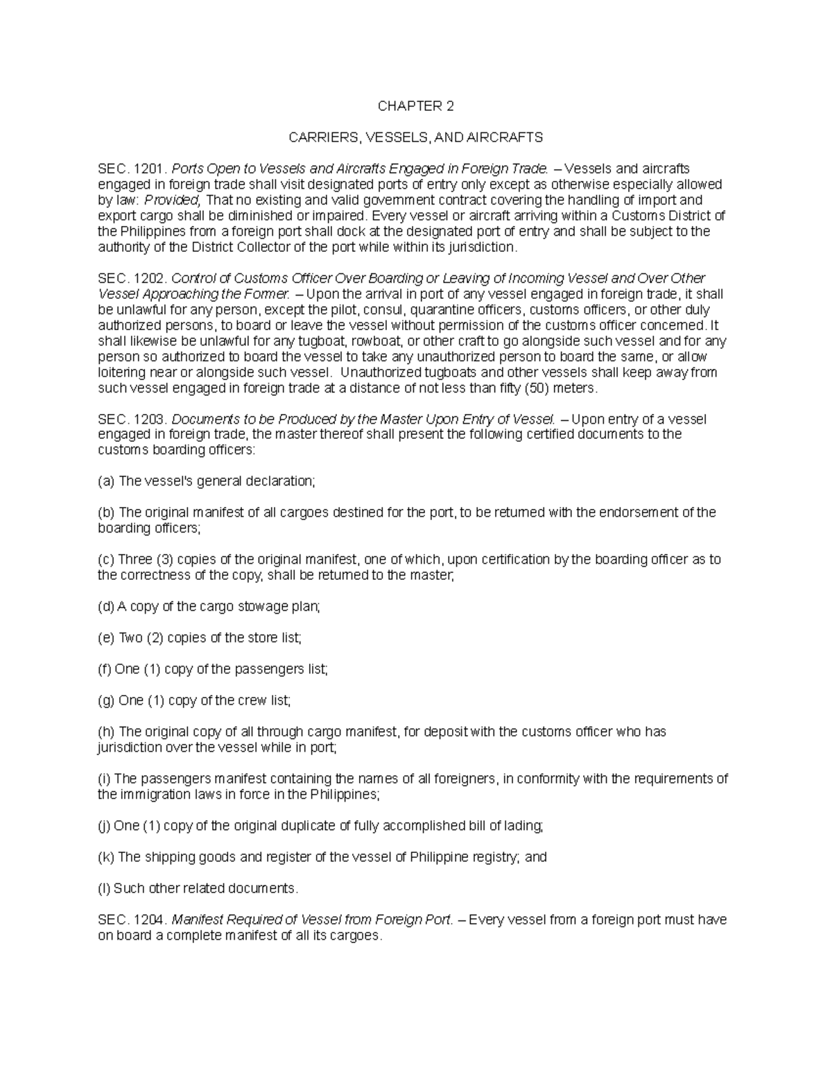 Section 1201 1218 OF CMTA - CHAPTER 2 CARRIERS, VESSELS, AND AIRCRAFTS ...