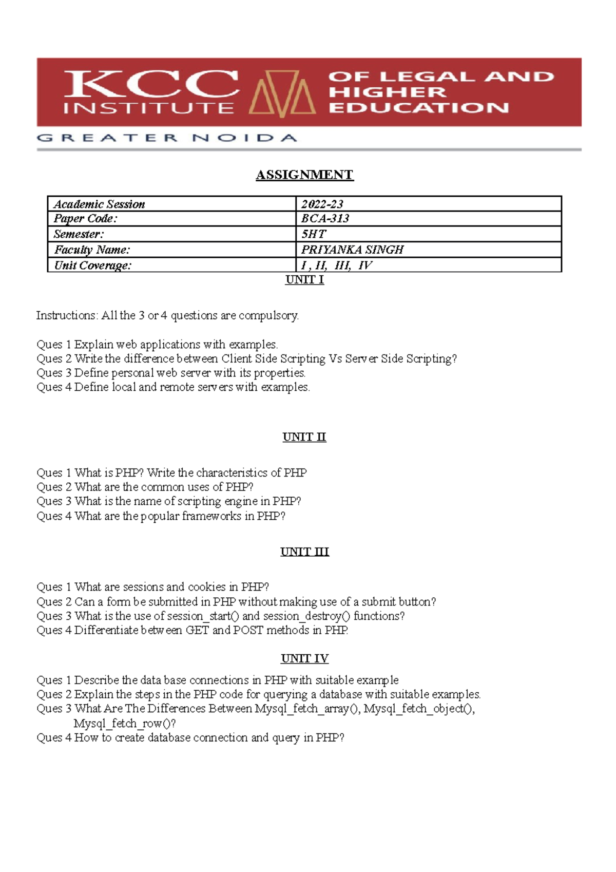 Assignment Web Based Assignment Unit I Instructions All The 3 Or 4 Questions Are Compulsory