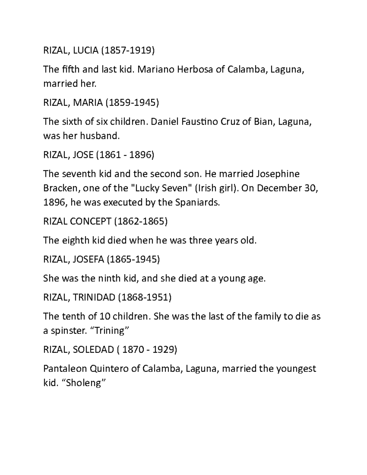 Rizal 98765 - RIZAL, LUCIA (1857-1919) The fifth and last kid. Mariano ...