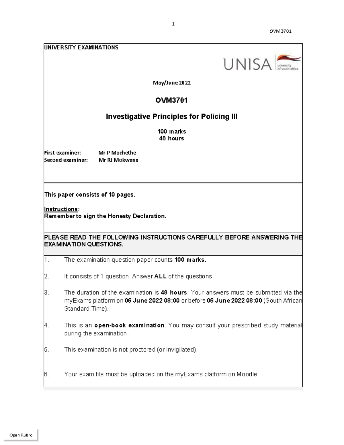 OVM3701 May- June 2022 Take home portfolio exam - OVM UNIVERSITY ...