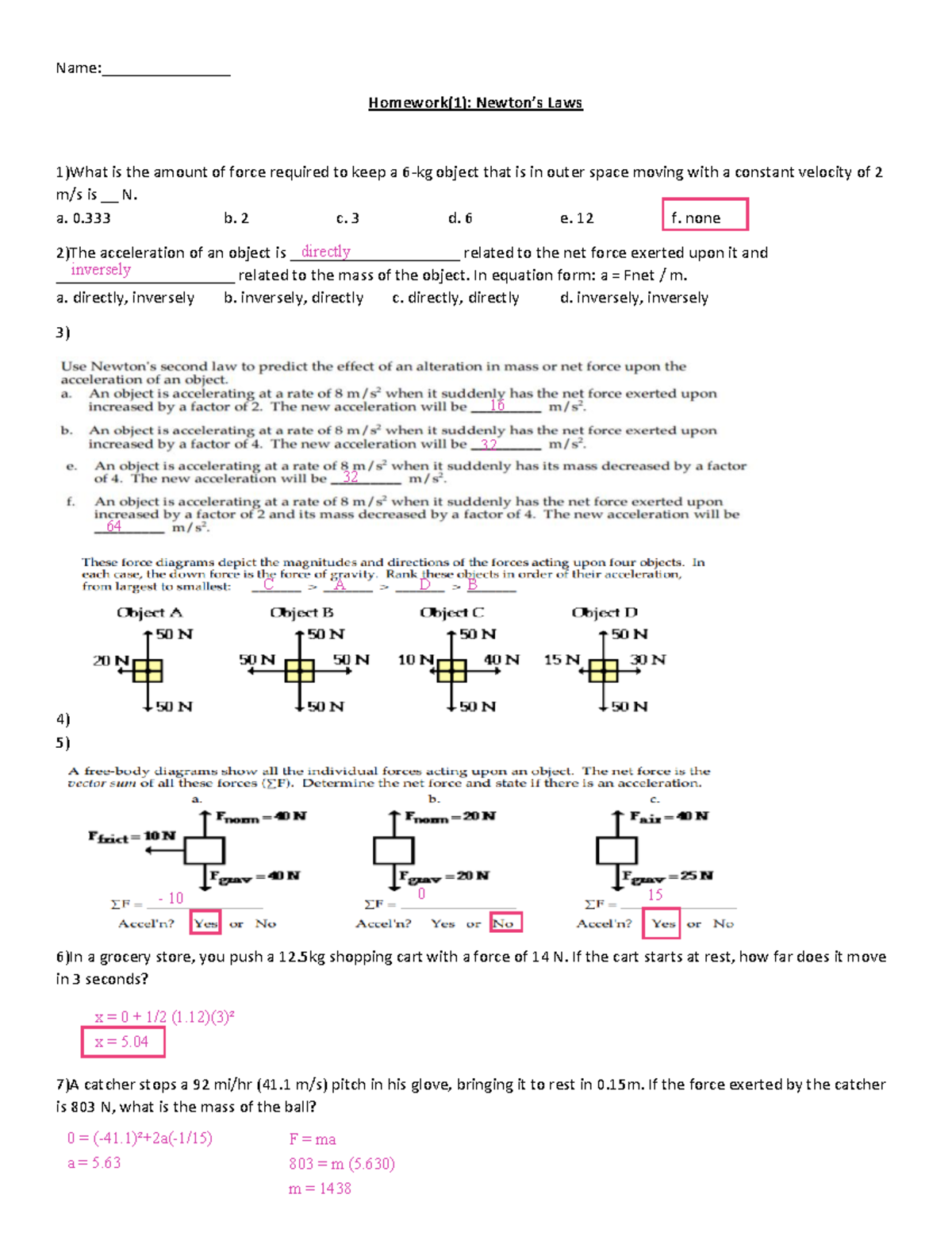 Newton's Laws HW - Name:_______________ Homework(1): Newton’s Laws 1 ...