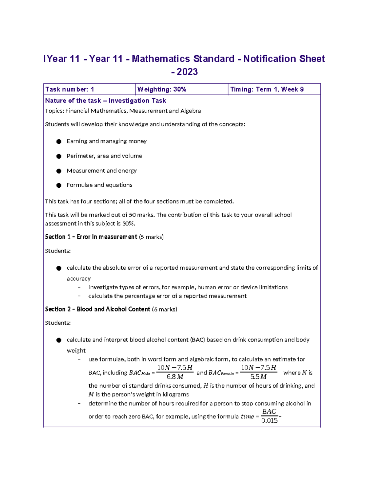 Math assessment - lYear 11 - Year 11 - Mathematics Standard ...