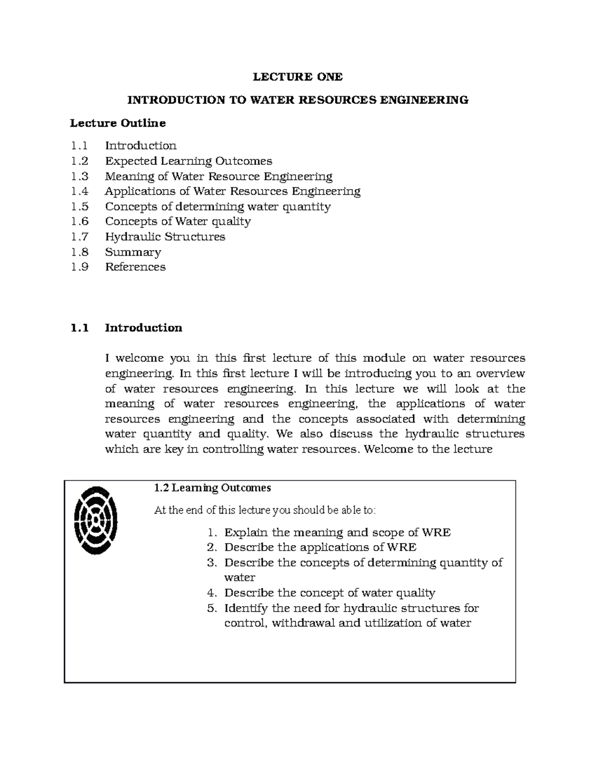 ECV 502 WRE Lecture ONE - LECTURE ONE INTRODUCTION TO WATER RESOURCES ...