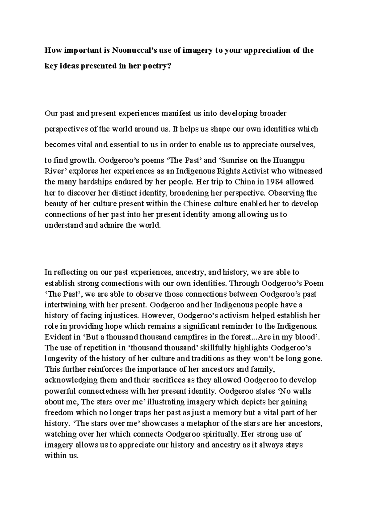 Scaffold sample essay - How important is Noonuccal’s use of imagery to ...