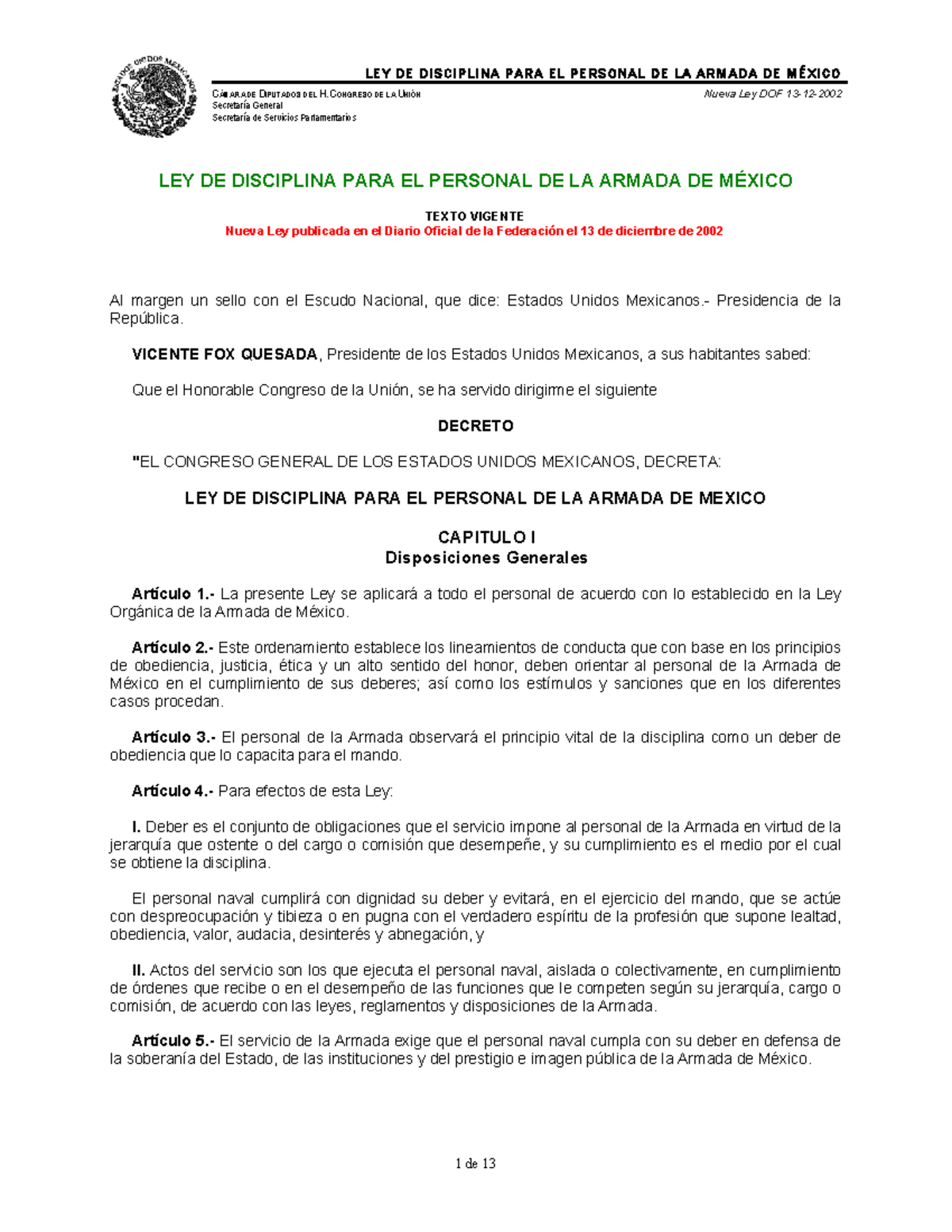 02 LEY DE Disciplina PARA EL Personal DE LA Armada DE M XICO - ! CÁMARA DE DIPUTADOS DEL H ...