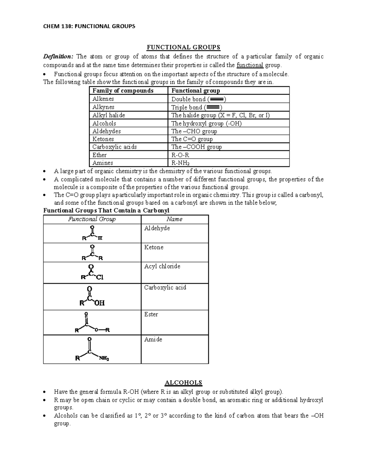 Chapter FIVE CHEM 130-1 - CHEM 1 30 : FUNCTIONAL GROUPS FUNCTIONAL ...