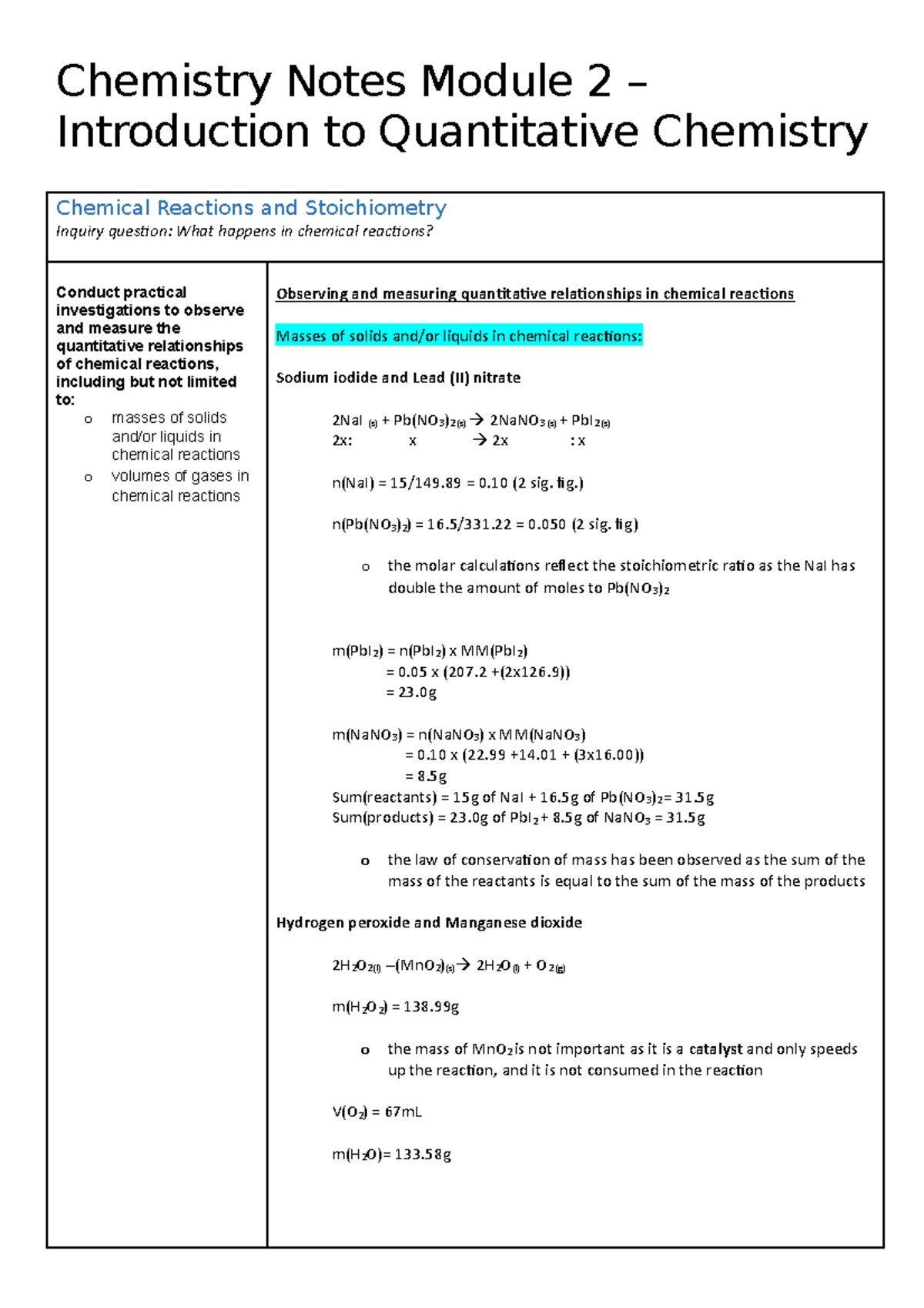 Module Two - Quantitative Chemistry Notes - Chemistry Notes Module 2 ...