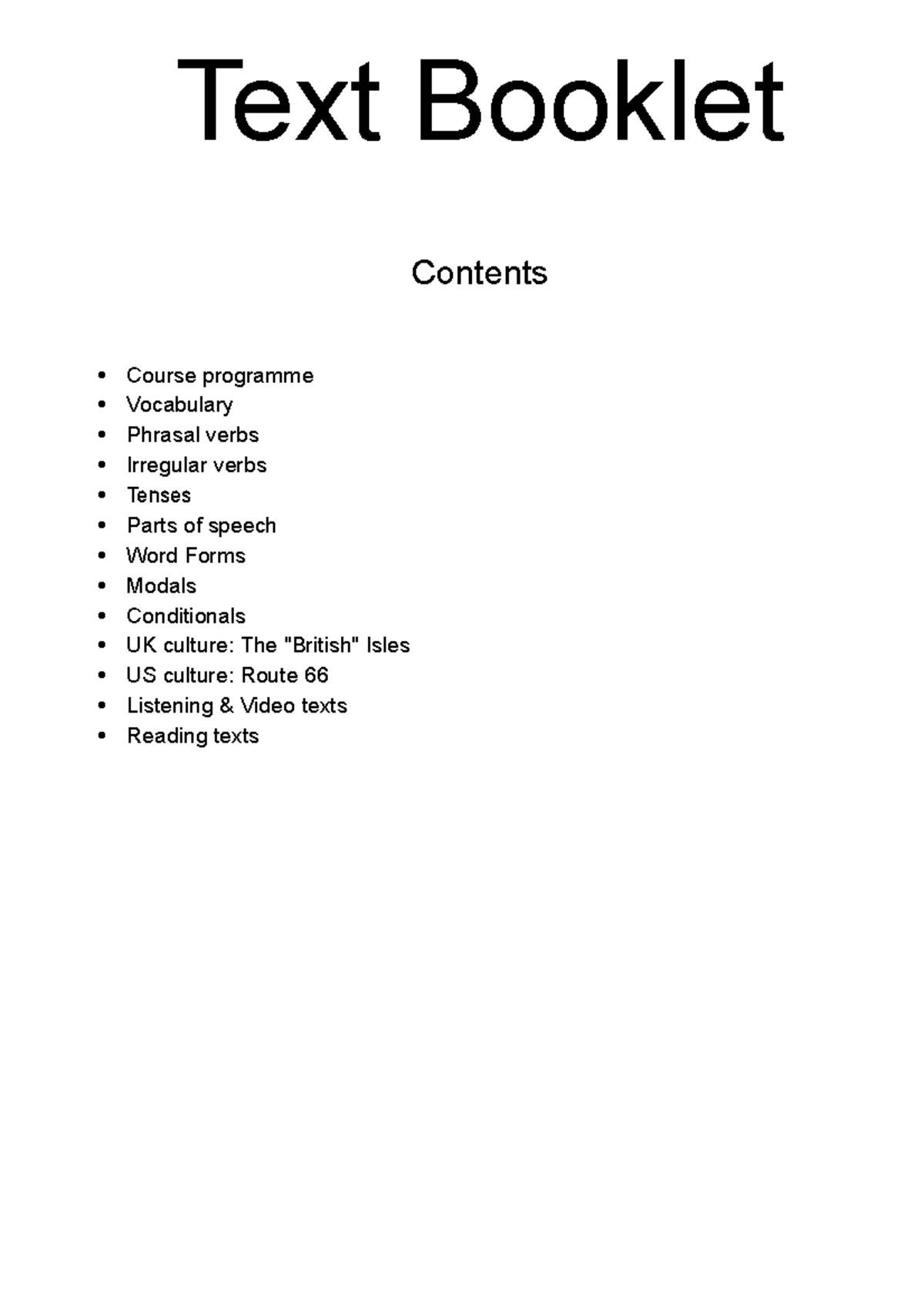 Vocabulary List In English Text Booklet Contents Course Programme