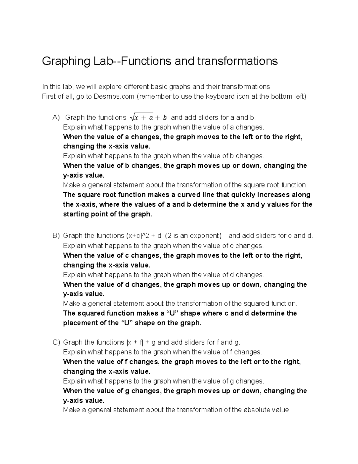 Graphs of Function (Transformations) Lab - Graphing Lab-Functions and ...