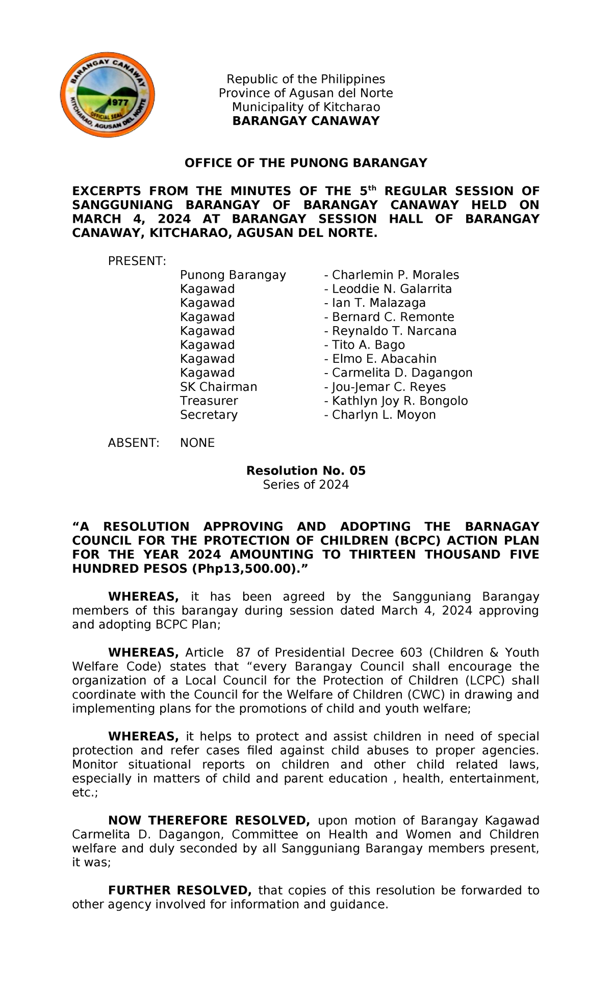 Resolution 05 BCPC Plan - Republic of the Philippines Province of ...