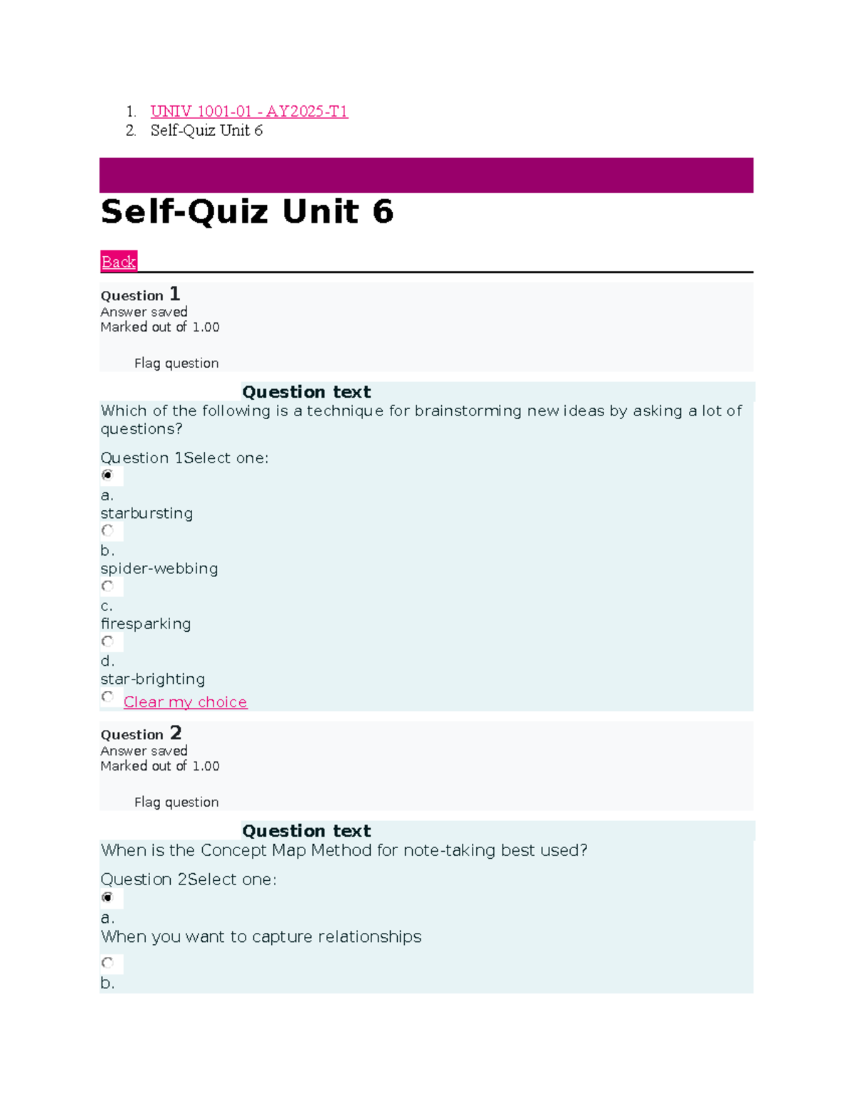 6.3 Self-Quiz Unit 6 - Exam - 1. UNIV 1001-01 - AY2025-T 2. Self-Quiz ...