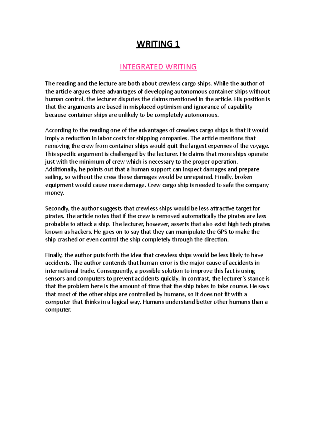 Integrated writing - WRITING 1 INTEGRATED WRITING The reading and the ...