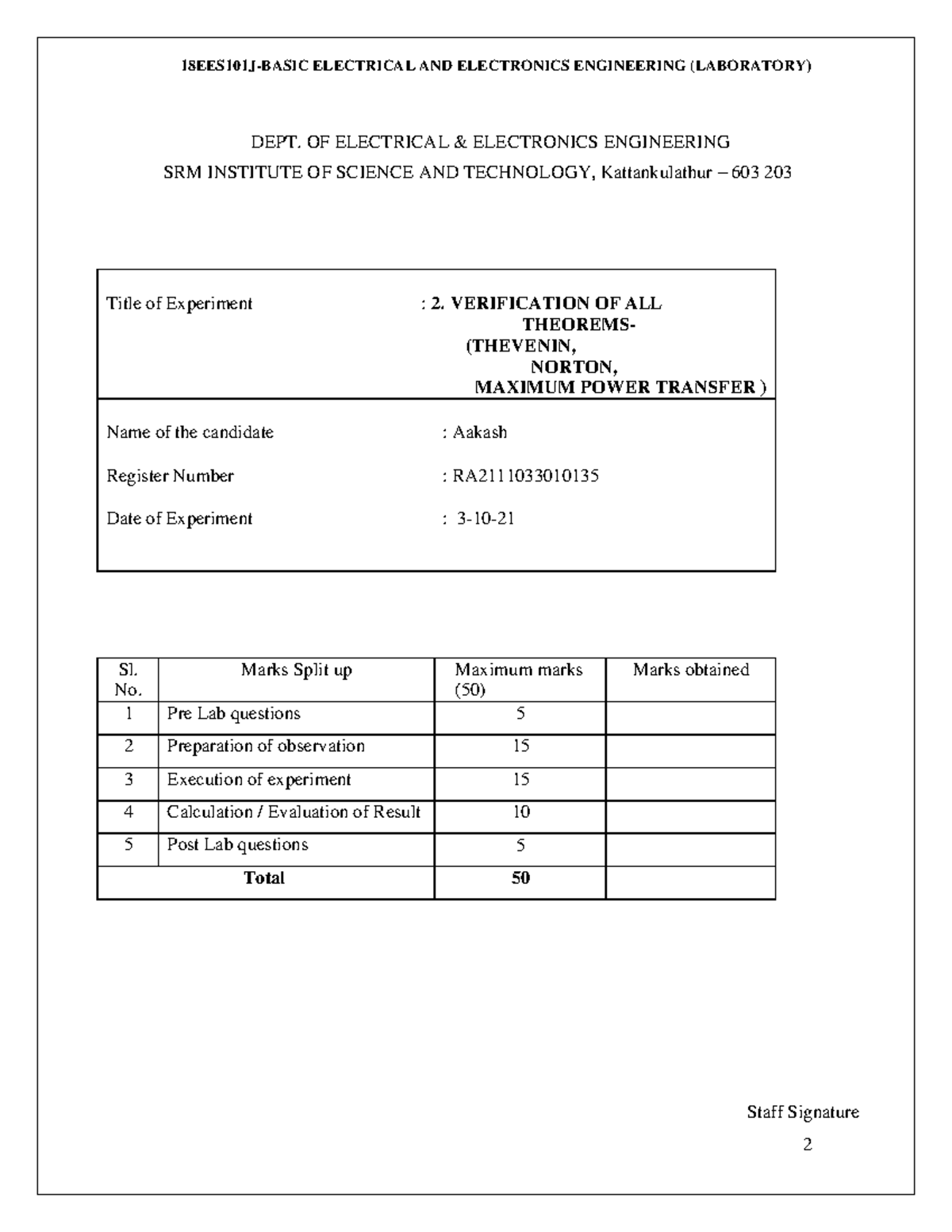 BEEE Assignment 2 - DEPT. OF ELECTRICAL & ELECTRONICS ENGINEERING SRM INSTITUTE OF SCIENCE AND ...