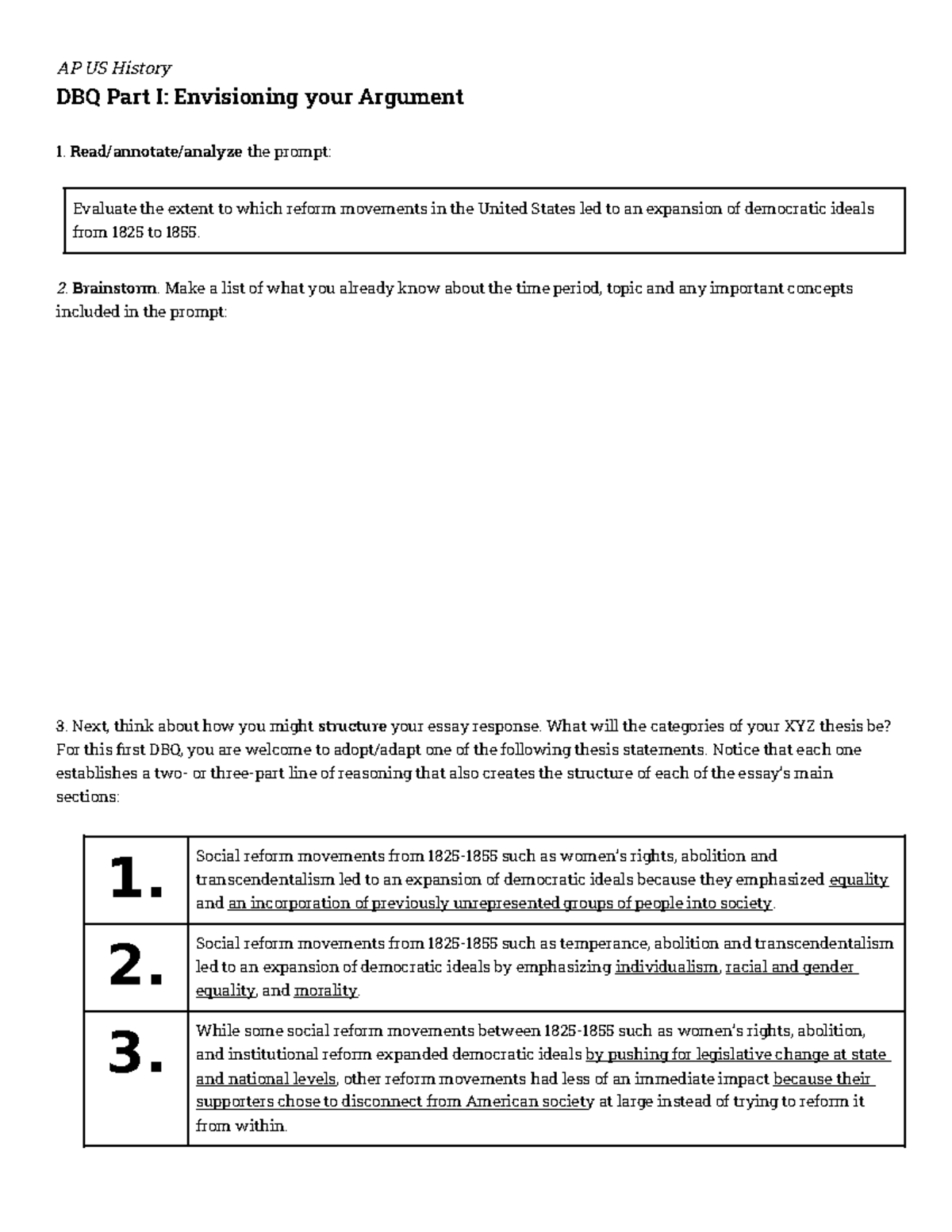 DBQ Planning Step 1.Envisioning Your Argument - AP US History DBQ Part ...