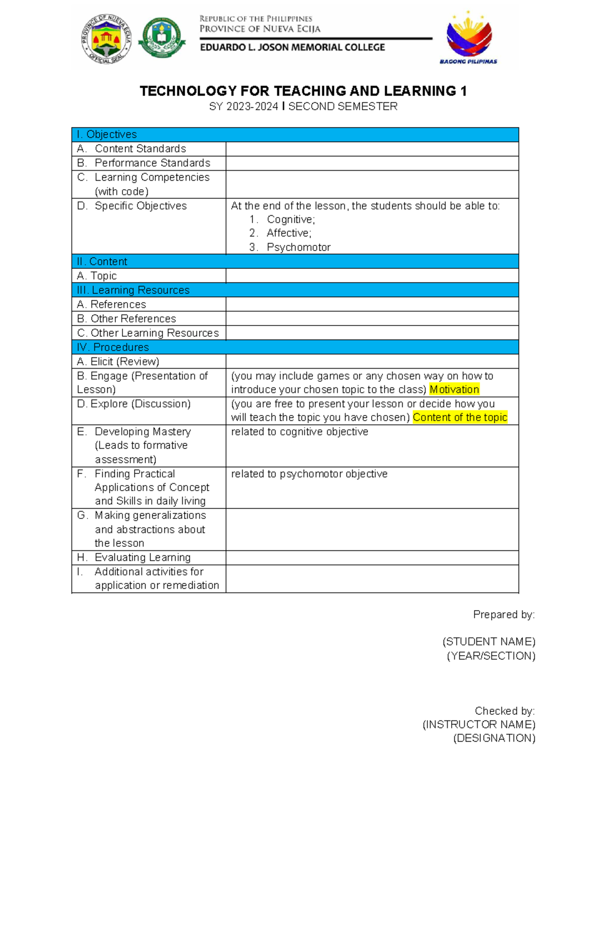 Materials for lessons plan layout to do - TECHNOLOGY FOR TEACHING AND ...