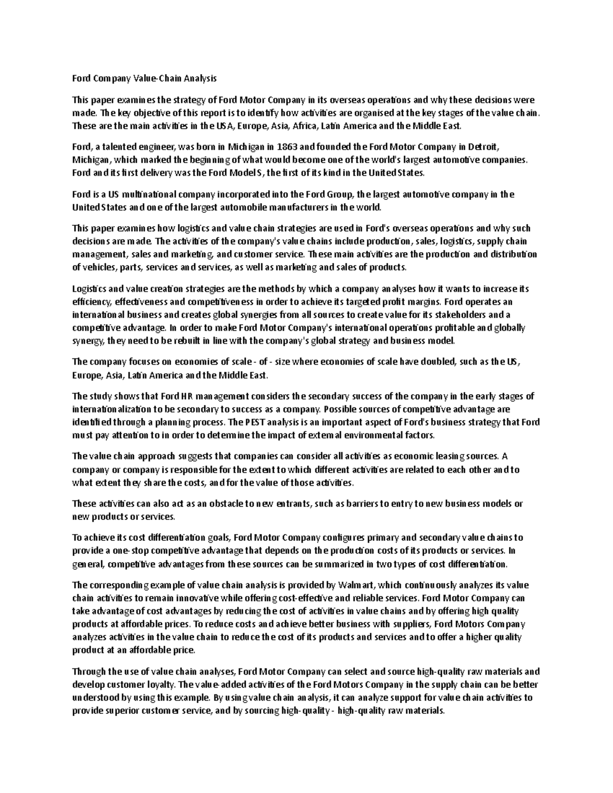 Ford Company Value - Grade: B+ - Ford Company Value-Chain Analysis This ...