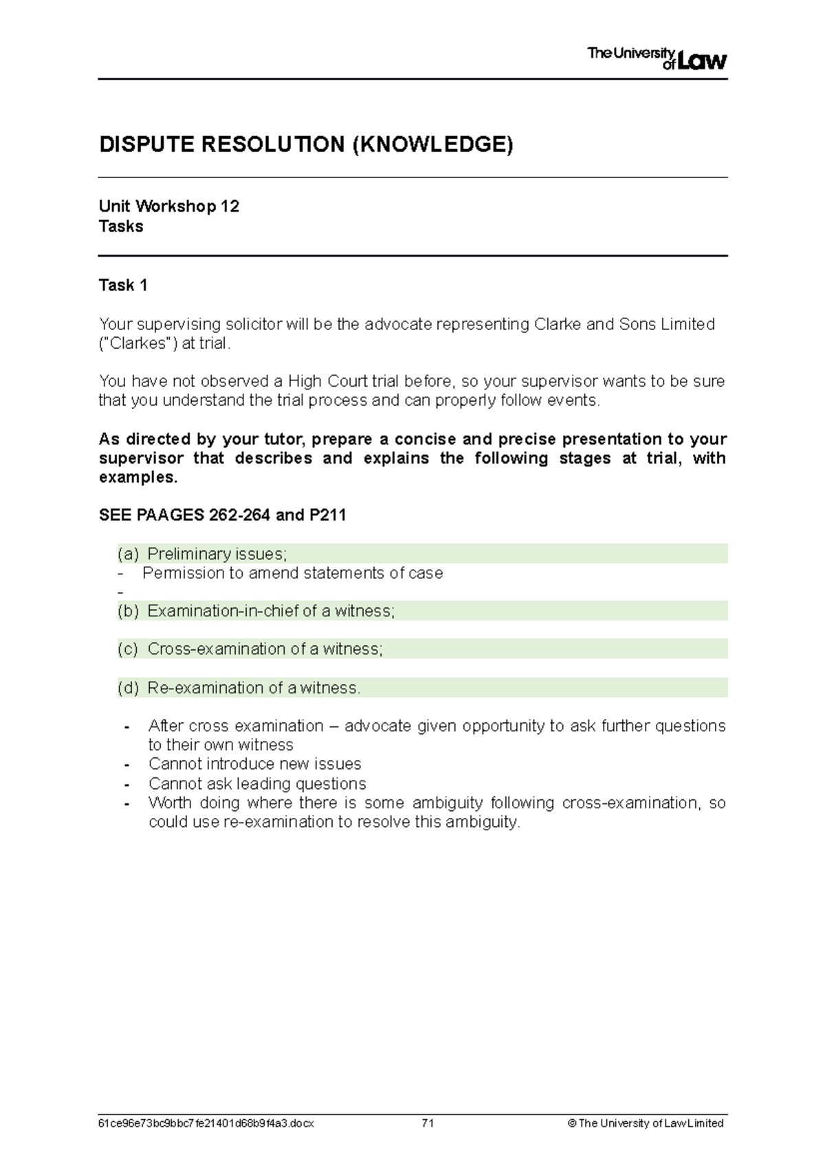 WS Tasks - WS 12 Task notes - DISPUTE RESOLUTION (KNOWLEDGE) Unit ...