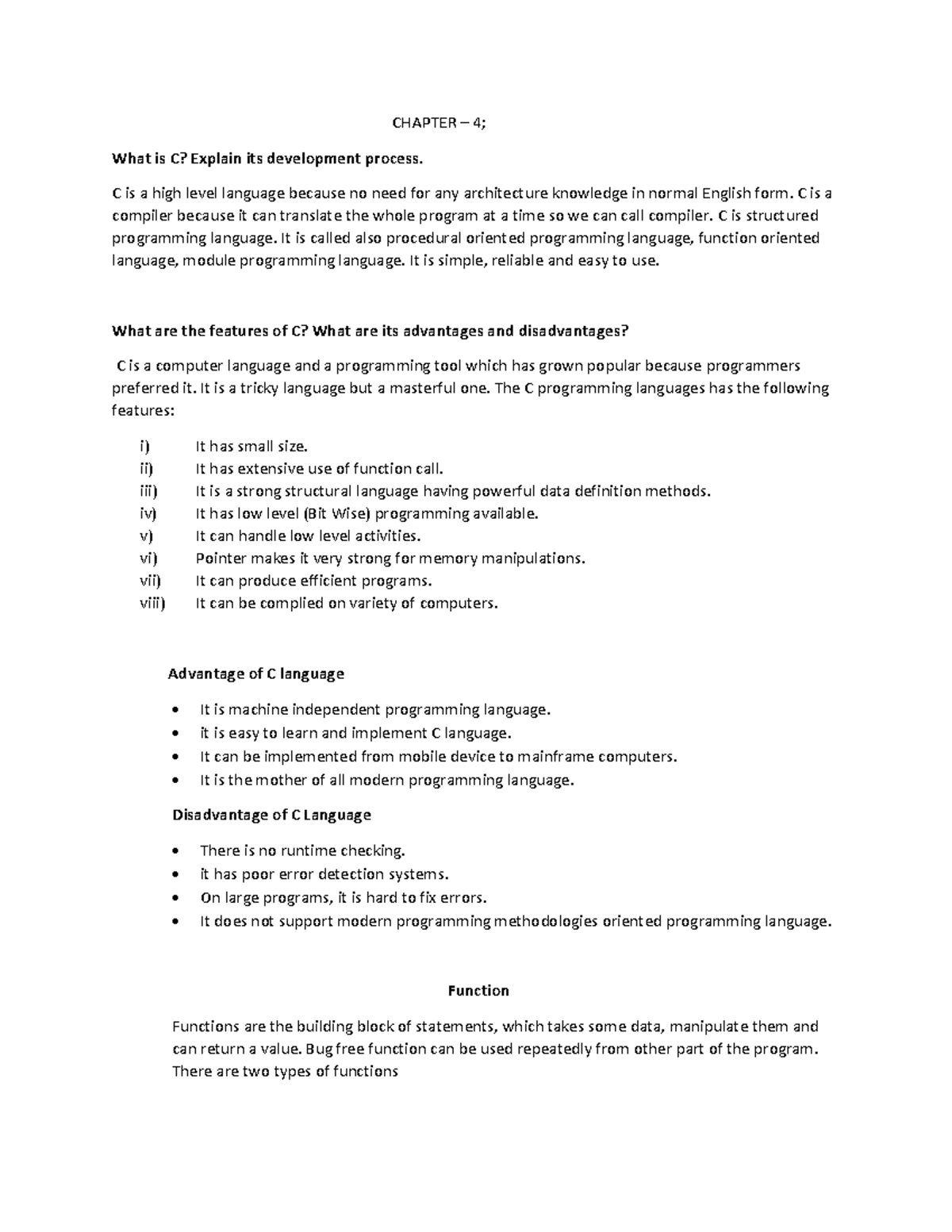 Complete Chapter-4Programming-in-C - CHAPTER – 4; What is C? Explain ...