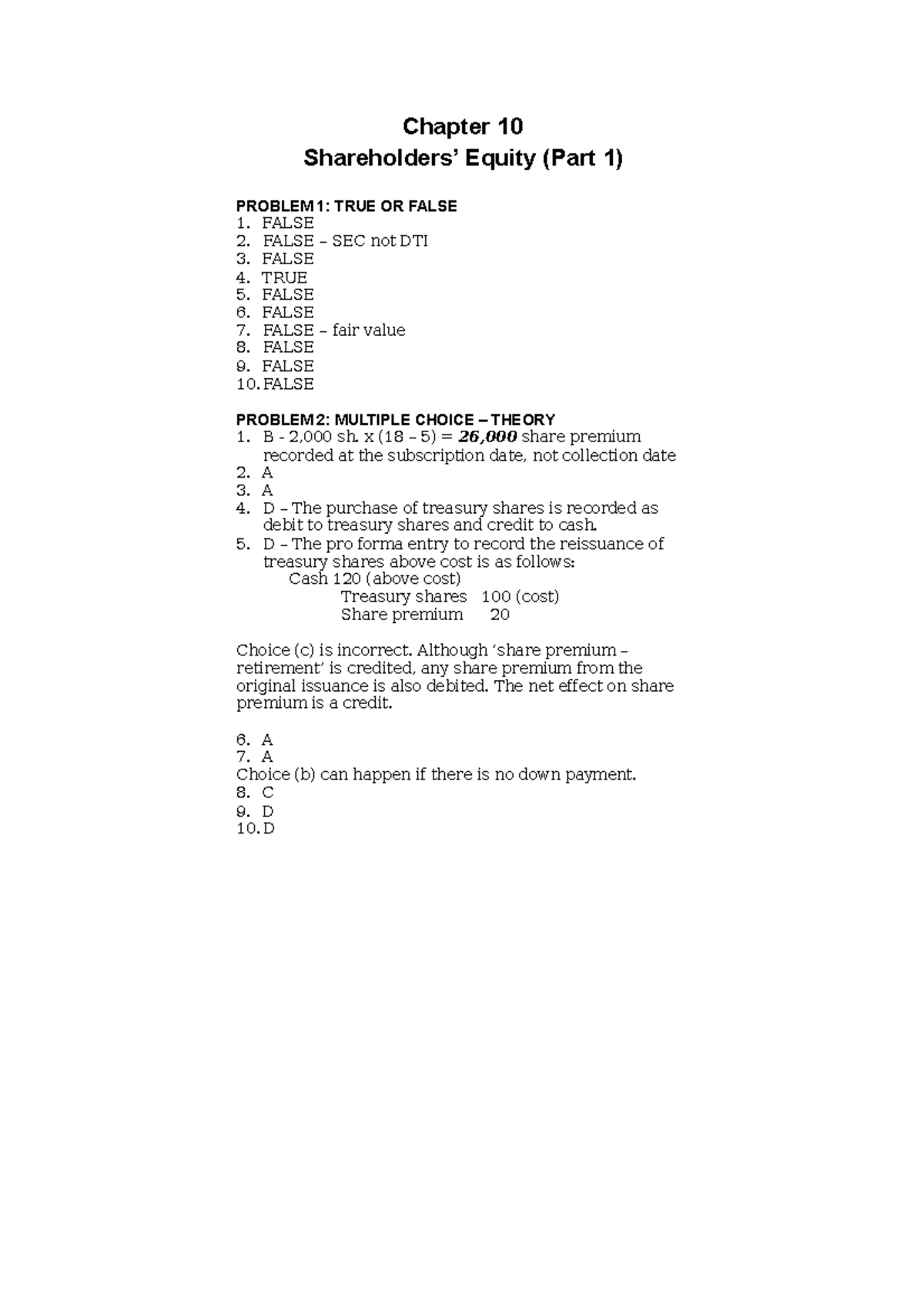 Midterm-Reviewer - Chapter 10 Shareholders’ Equity (Part 1) PROBLEM 1 ...