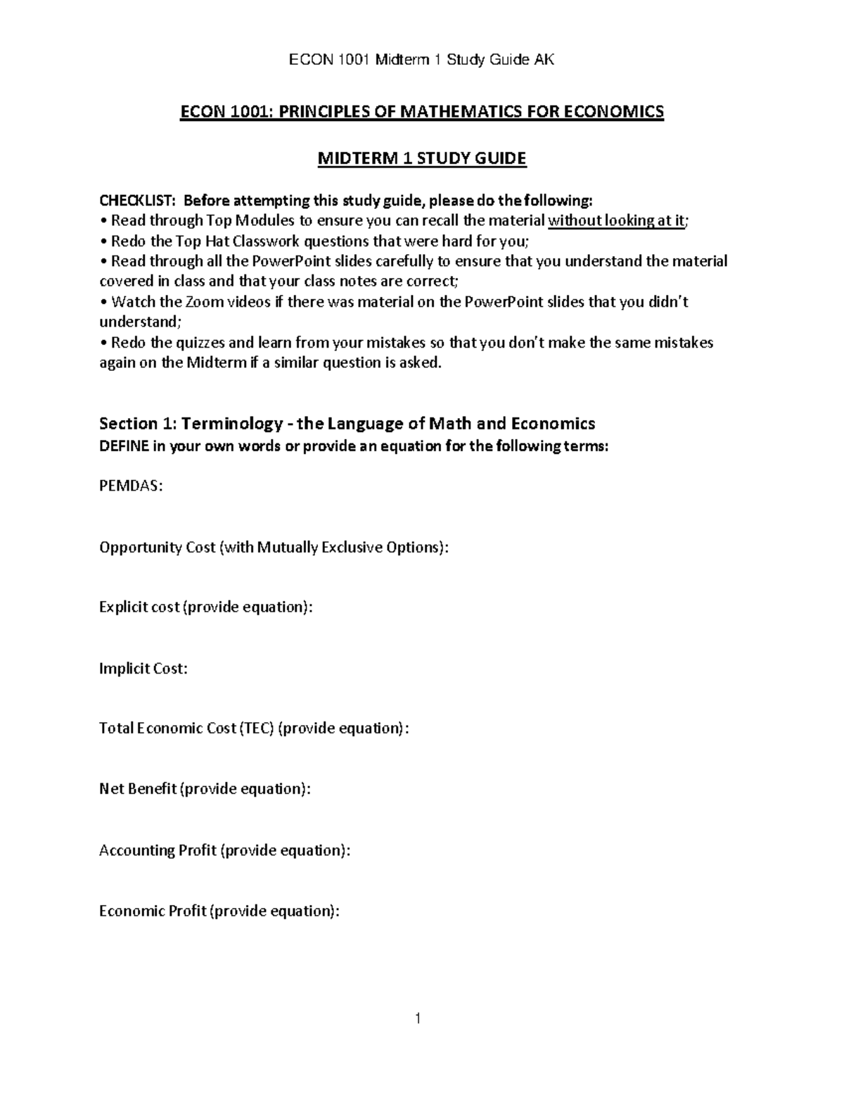 ECON 1001 Midterm 1 Study Guide - ECON 1001: PRINCIPLES OF MATHEMATICS FOR ECONOMICS MIDTERM 1 ...