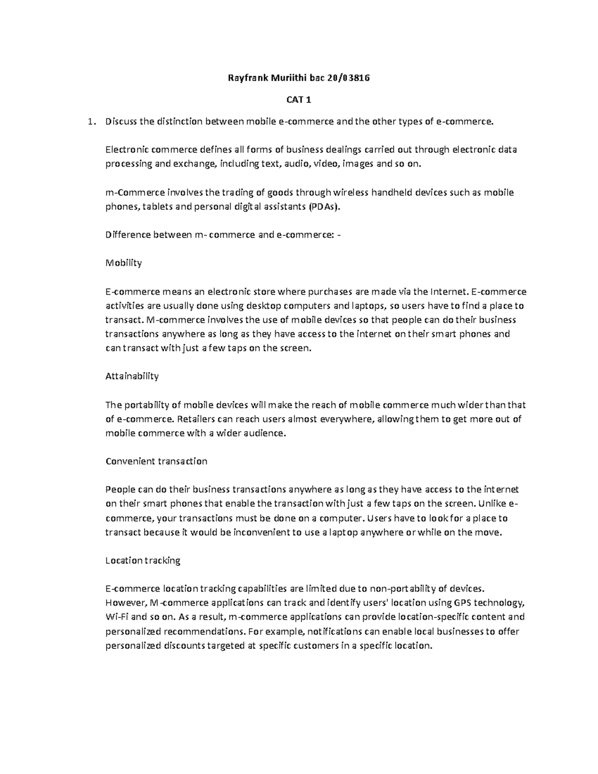 CAT 1 ecommerce - notes - Rayfrank Muriithi bac 20/ CAT 1 Discuss the ...