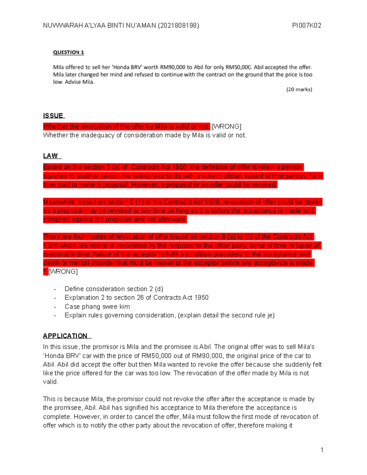 LAW 083 - Tutorial 3 - ISSUE Whether the revocation of the offer by Mila is valid or not. [WRONG ...