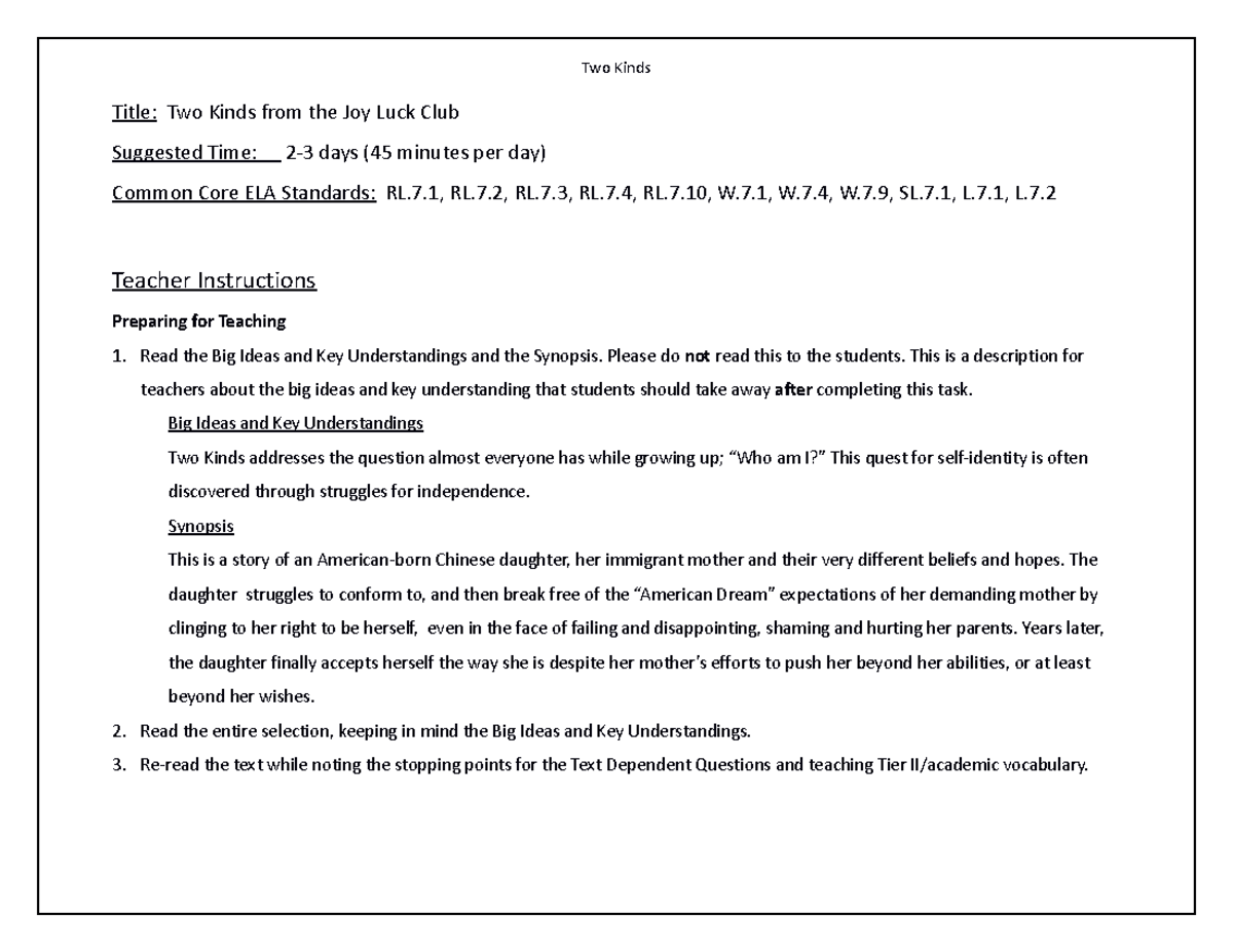 7. Two Kinds. lesson - Story - Title: Two Kinds from the Joy Luck Club ...
