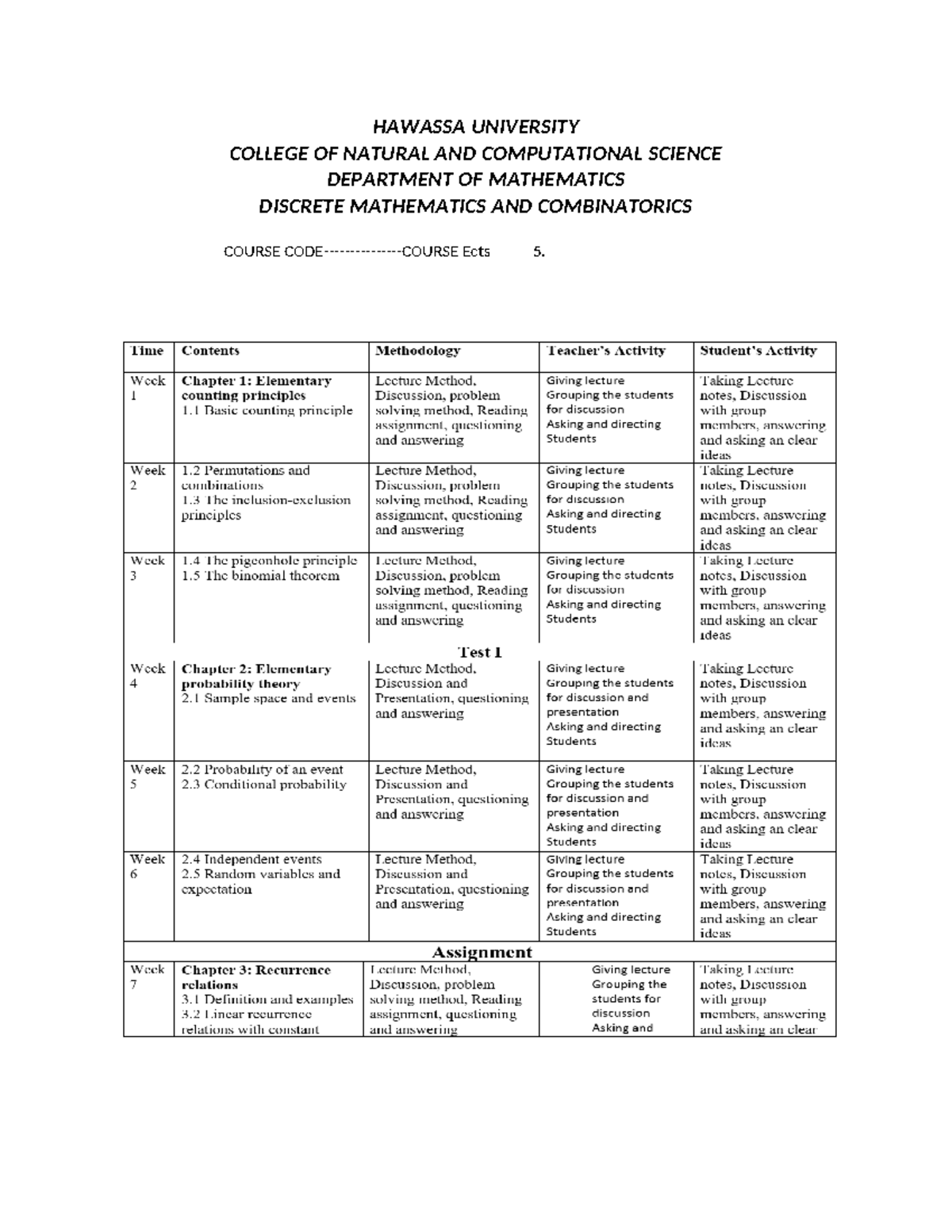 Discrete Math cours outline - HAWASSA UNIVERSITY COLLEGE OF NATURAL AND ...