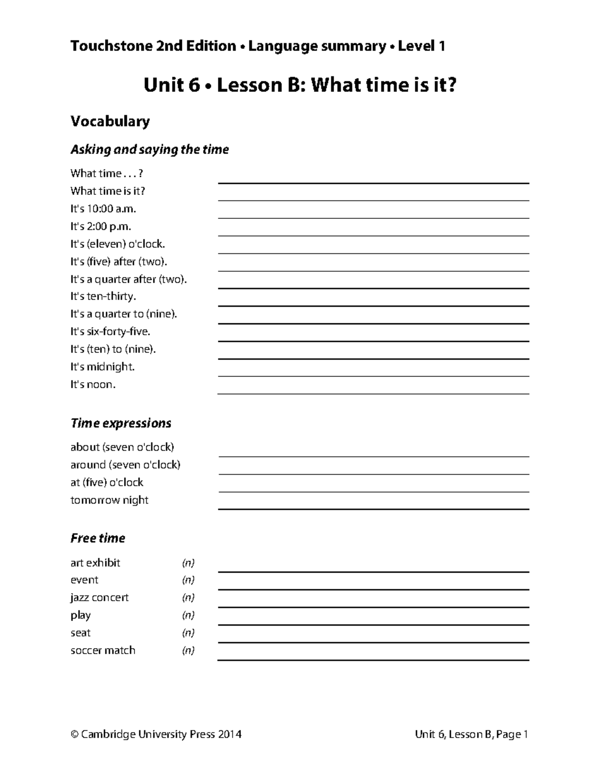 TS2e L1 U6 LB Langsum - Touchstone 2nd Edition • Language summary • Level 1 Unit 6 • Lesson B ...