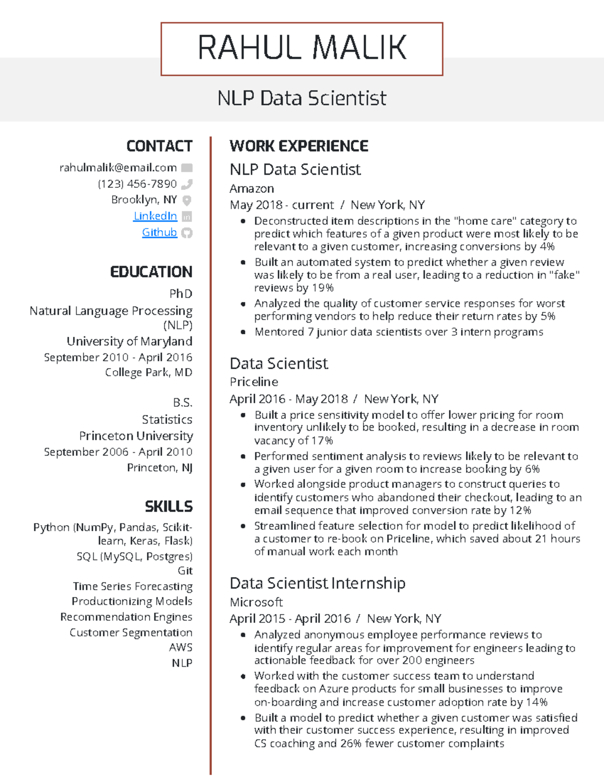 Nlp data scientist resume example - CONTACT rahulmalik@email (123) 456 ...