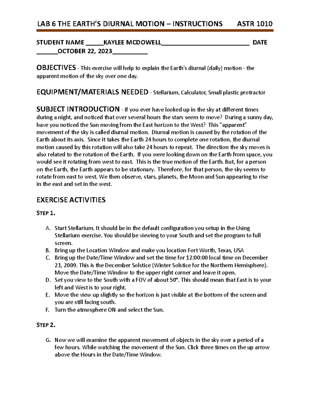 Earth's Diurnal Motion Mc Dowell - STUDENT NAME KAYLEE MCDOWELL ...