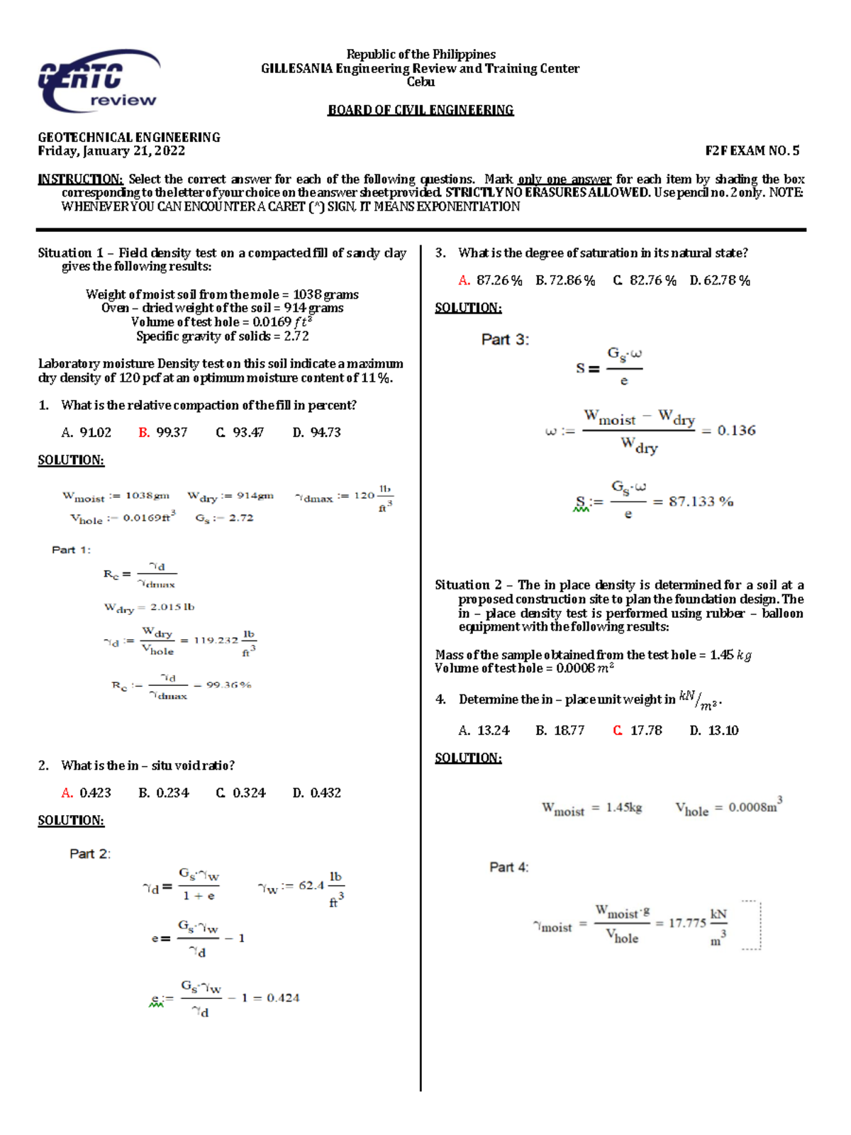 Geotech - Exam 5 (F2F) - Solutions - Republic of the Philippines ...