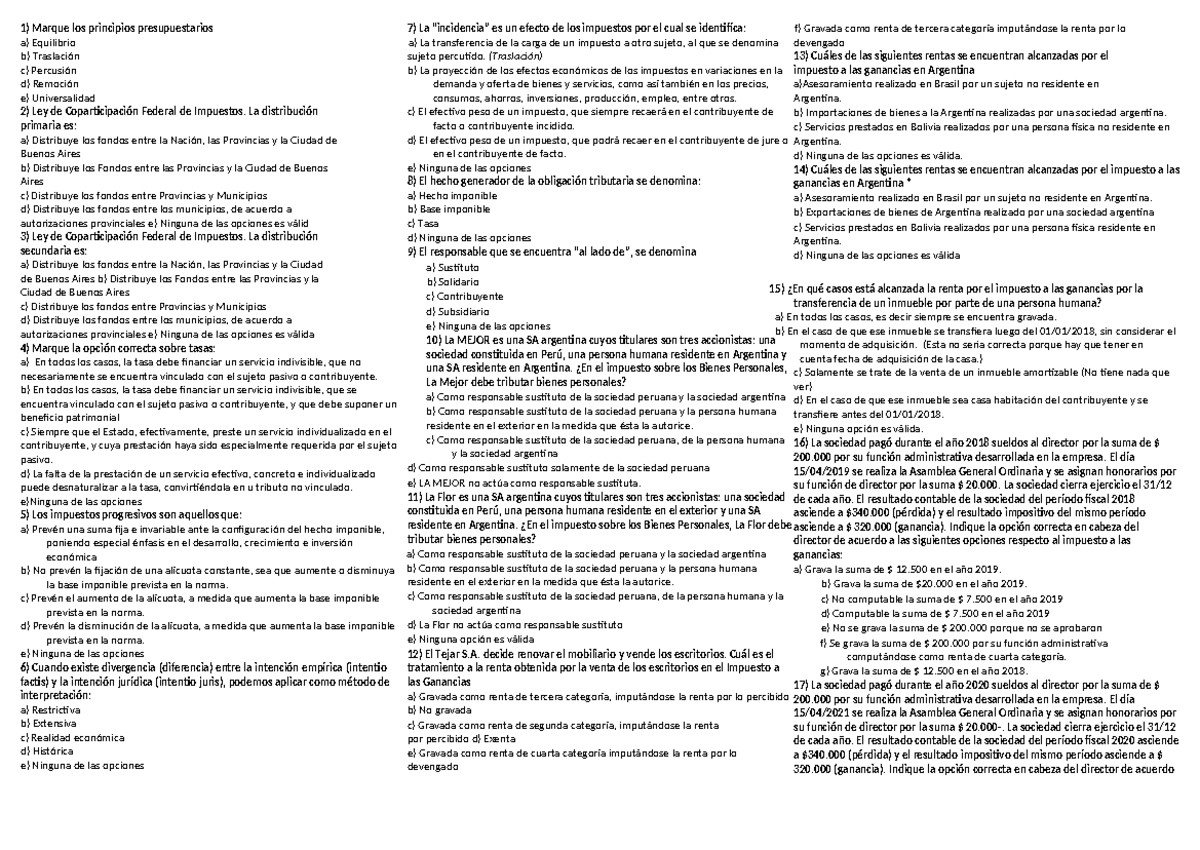 1ER Parcial regimen tributario choices para practicar - Marque los principios presupuestarios a ...