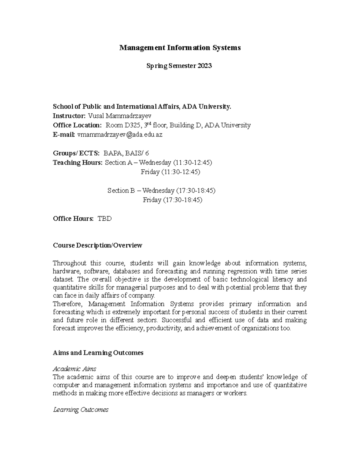 MIS Syllabus - Management Information Systems Spring Semester 2023 ...