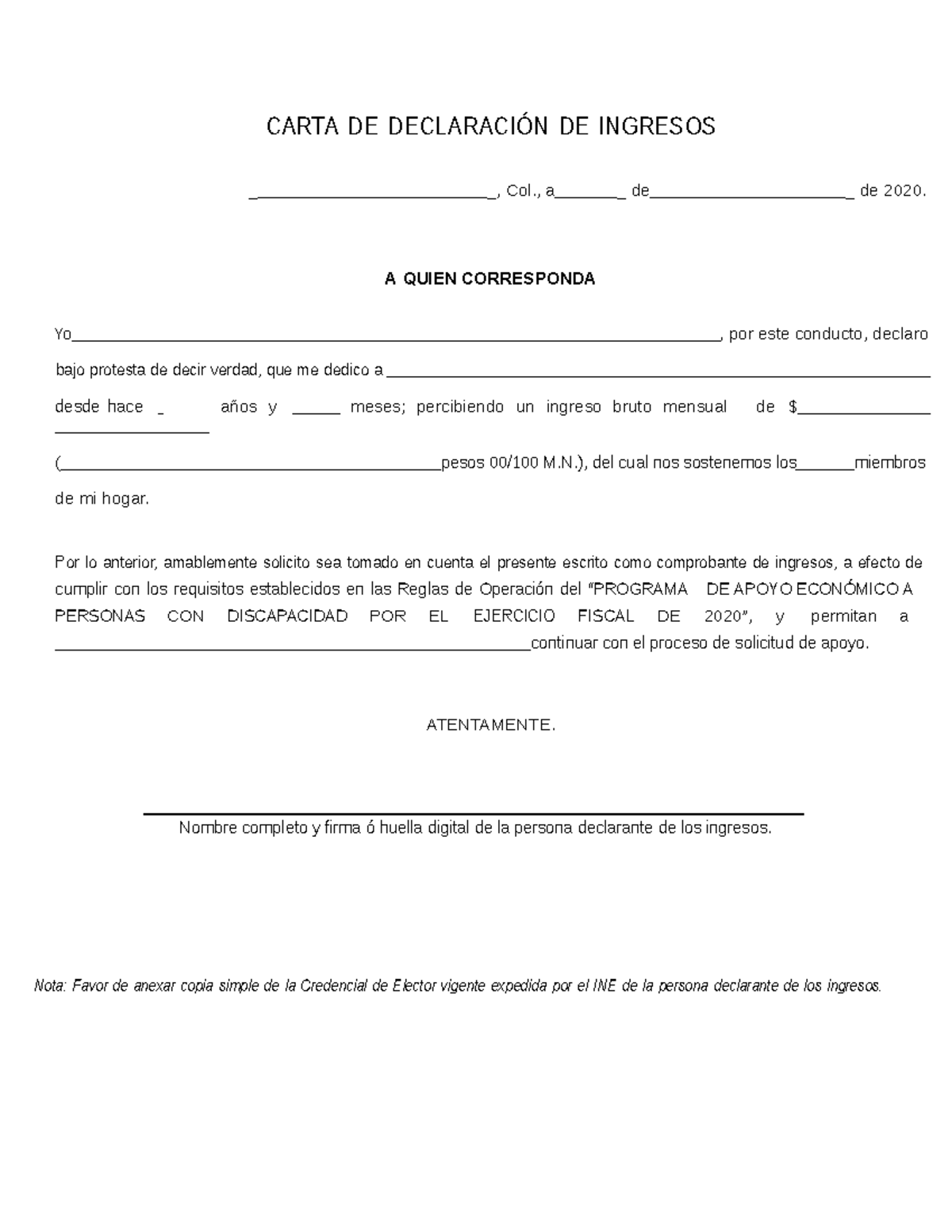 Incodis Carta Declaracion Ingresos 05oct2020 - CARTA DE DECLARACIÓN DE ...