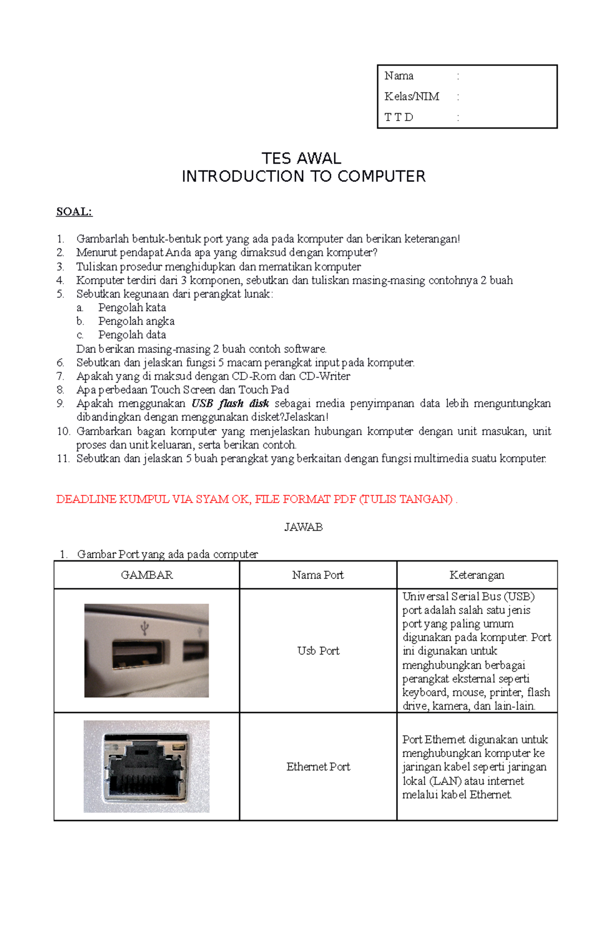 1. Tugas 1 Intro to ICT - TES AWAL INTRODUCTION TO COMPUTER SOAL ...