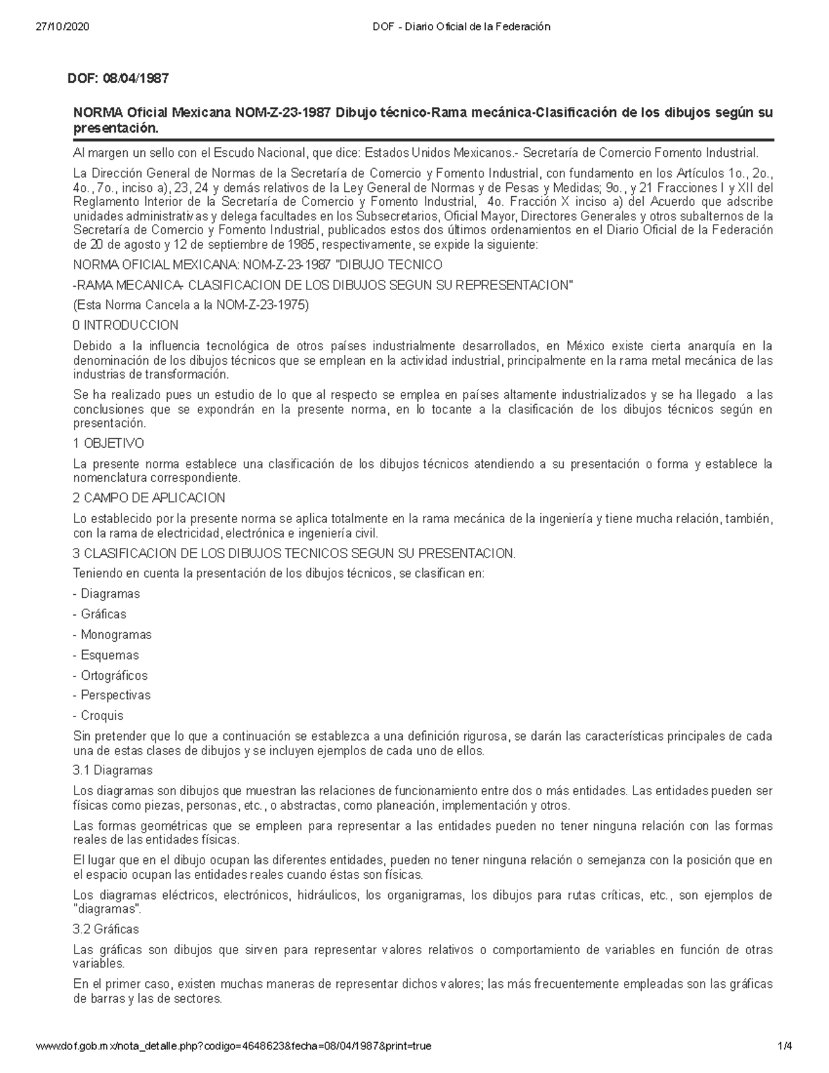 NOM-Z-23-1986 Dibujo Técnico - Clasificación DE LOS Dibujos Según SU Presentación - DOF: 08/04 ...