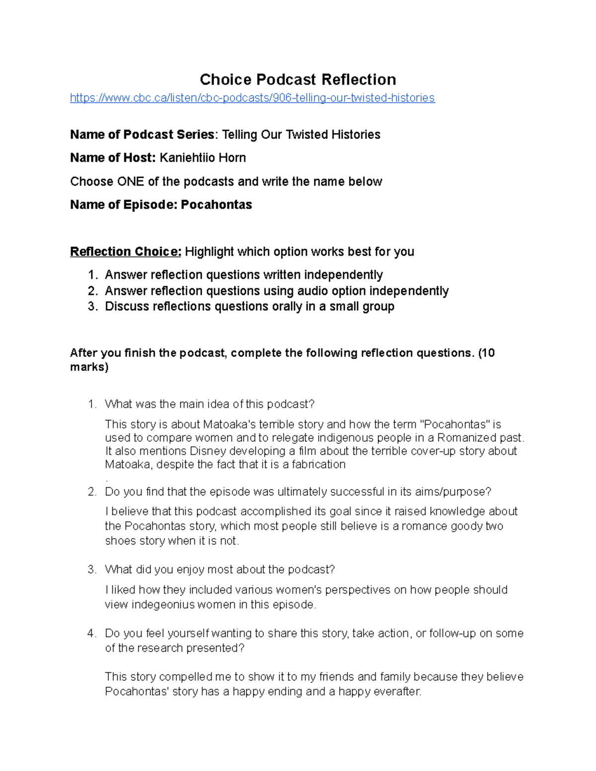 Choice Podcast Reflection - Choice Podcast Reflection - Studocu