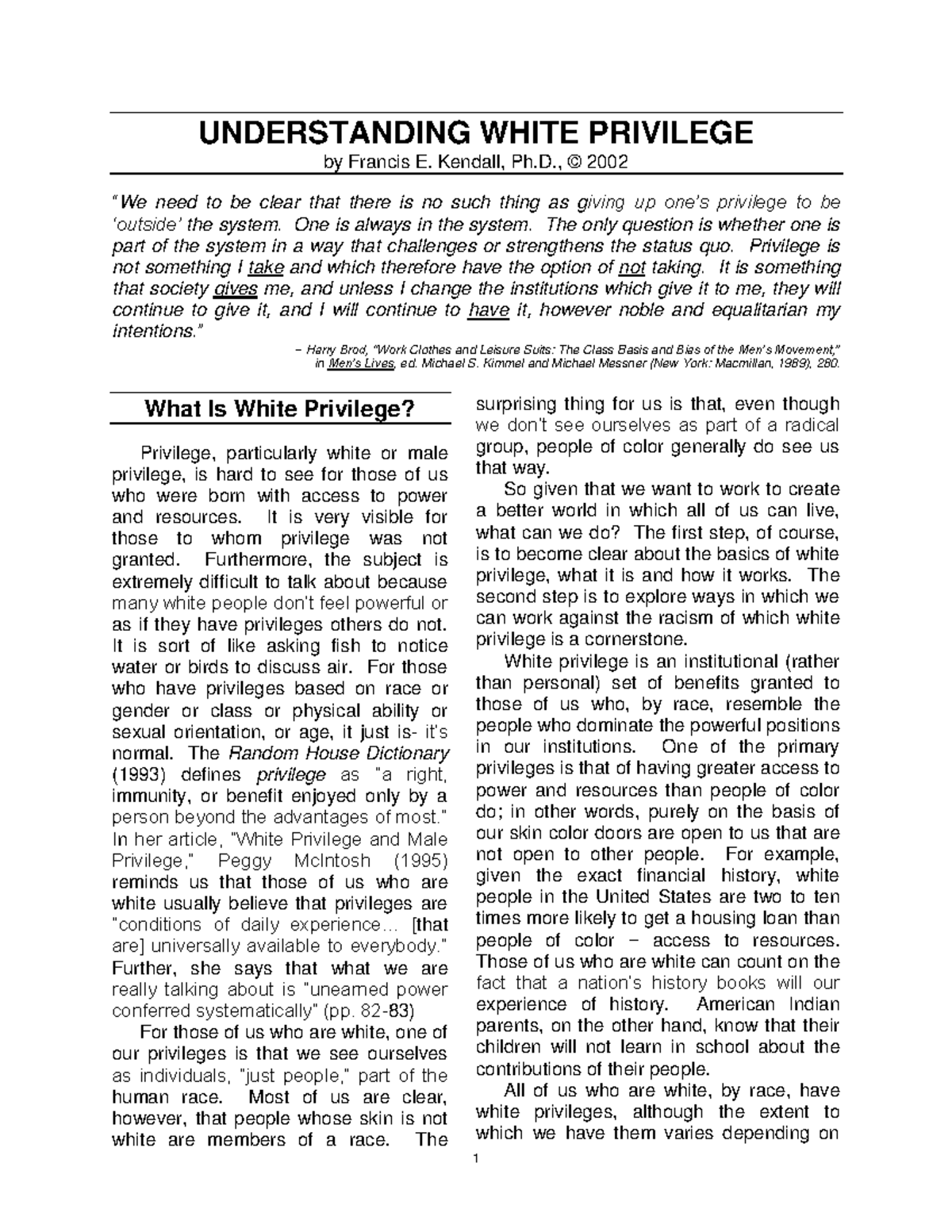 Undoing Racism - Understanding White Privilege - Kendall ...