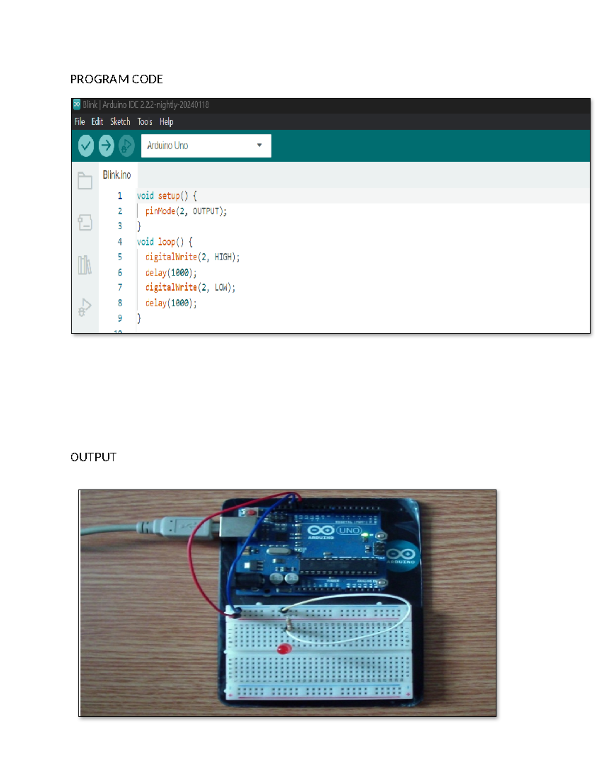 IOT 5 - IOT - PROGRAM CODE Blink | Arduino IDE 2.2-nightly-20240118 File Edit Sketch Tools Help ...