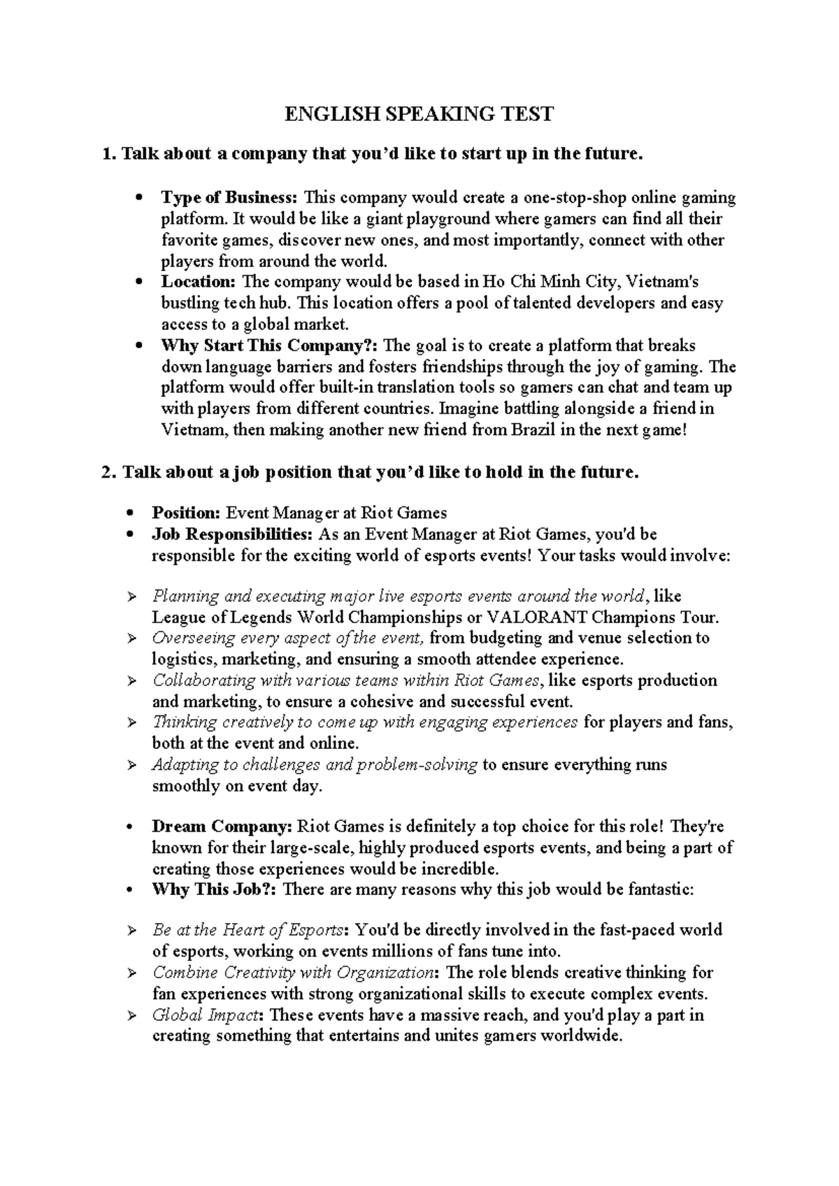 Prepare FOR English Speaking TEST - ENGLISH SPEAKING TEST 1. Talk about ...