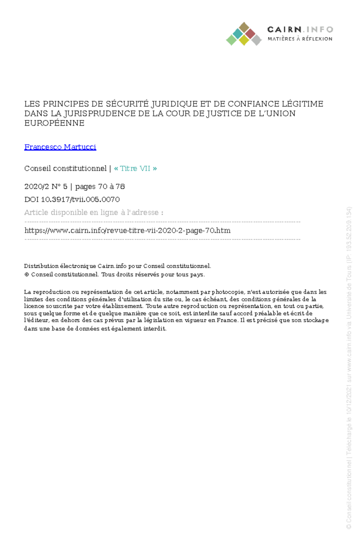 LES Principes DE Sécurité Juridique ET DE Confiance Légitime DANS LA JP ...