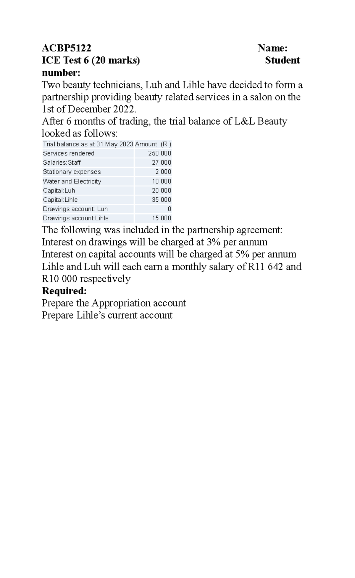 ACBP5122-ICE 6 - Ice task - ACBP5122 Name: ICE Test 6 (20 marks ...