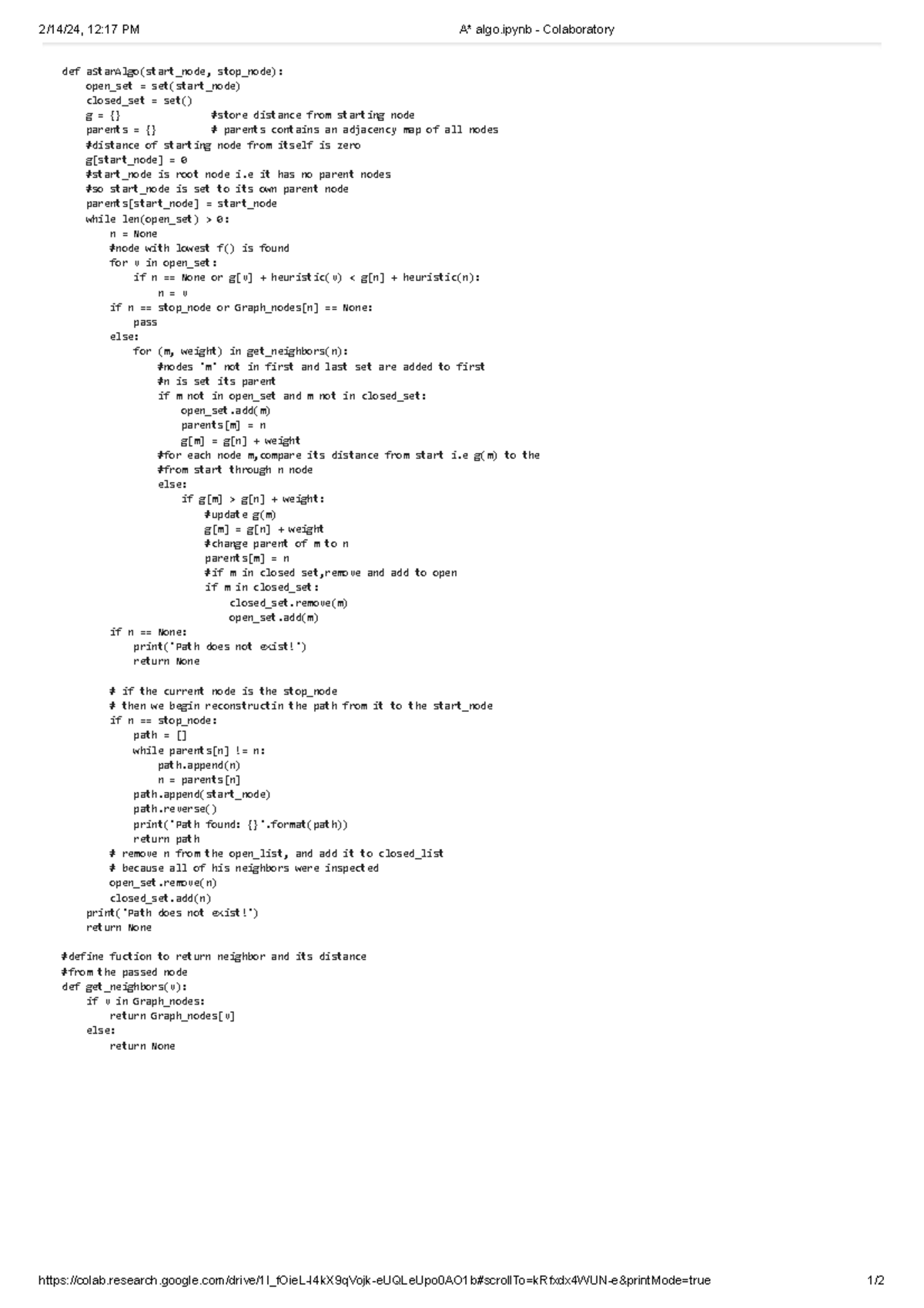 A algo.ipynb - Colaboratory - 2/14/24, 12:17 PM A* algo - Colaboratory - Studocu