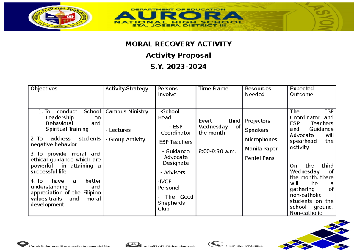 Moral Recovery Activity Proposal - MORAL RECOVERY ACTIVITY Activity ...